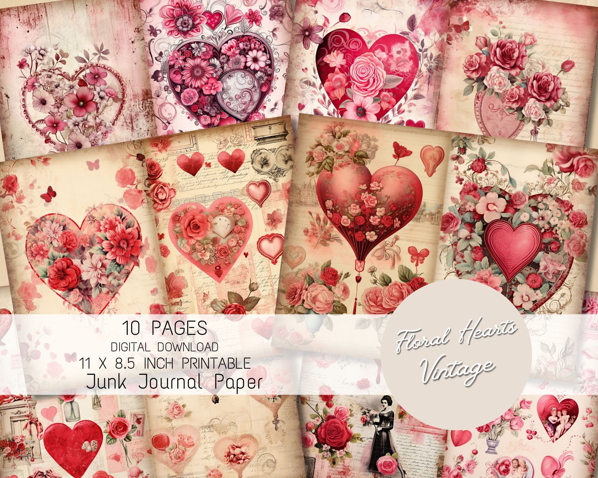 Floral Hearts Letter Junk Journal Kit Vintage Love Digital Paper for ...