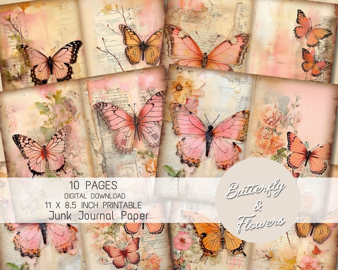 Butterfly and Flowers Junk Journal Kit, Butterfly Junk Journal Pages ...
