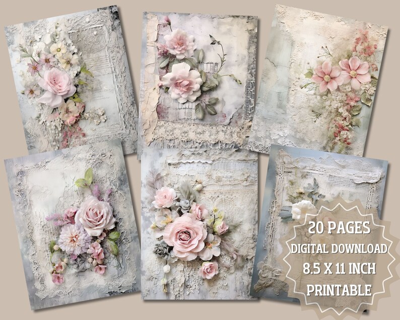 Vintage Lace and Shabby Chic Flowers Junk Journal Pages, Grey Floral ...