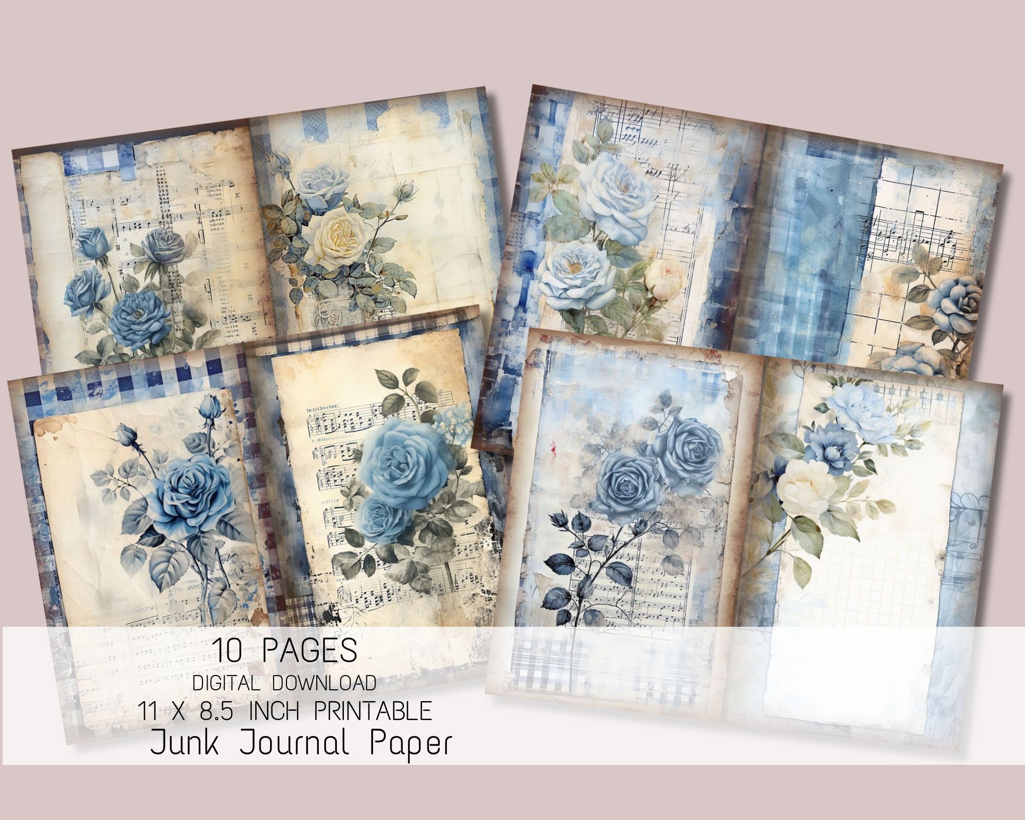 Blue Rose Junk Journal Pages,vintage Rose Digital Scrapbook Paper Kit ...