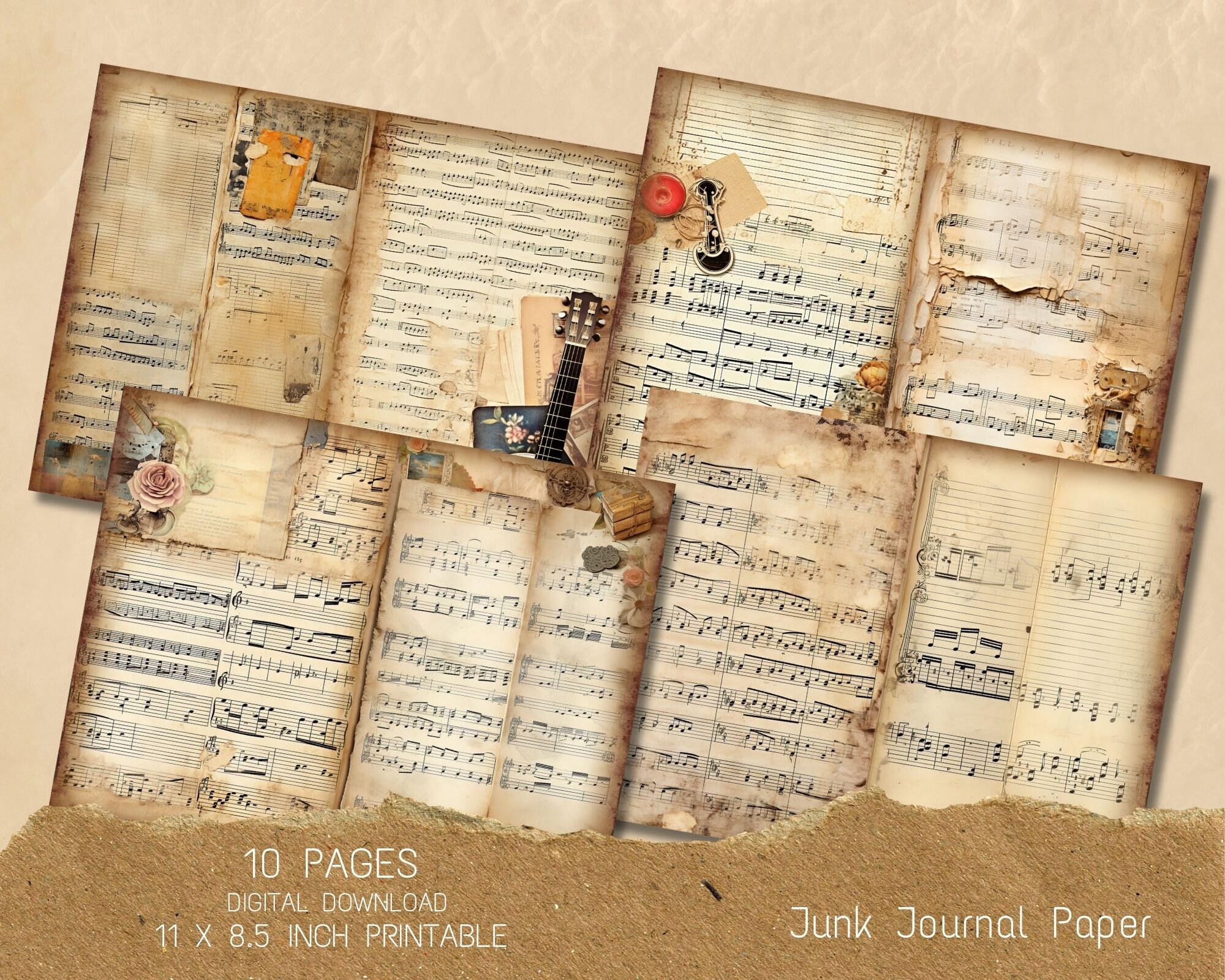 Vintage Music Junk Journal Pages, Digital Scrapbook Paper Kit, Musical ...