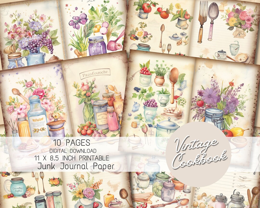 Vintage Cookbook Junk Journal Pages, Digital Scrapbook Paper Kit ...