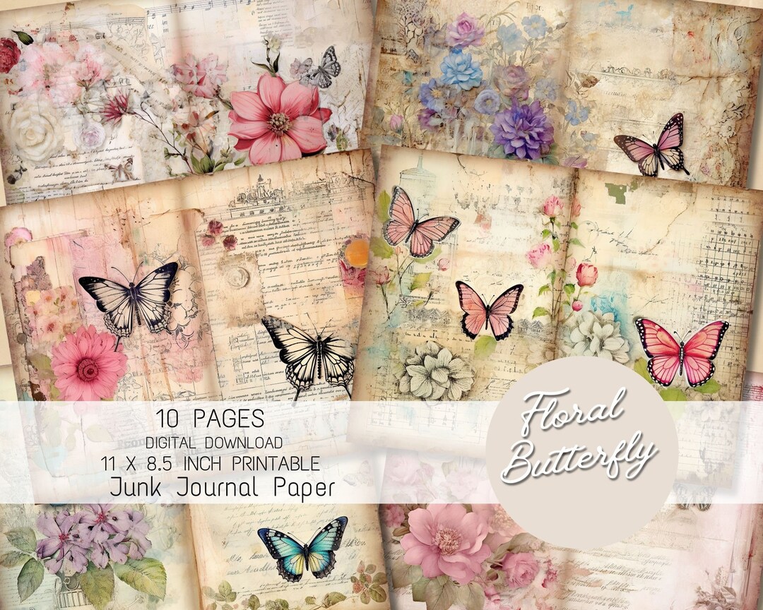 Vintage Butterfly Junk Journal Pages, Digital Floral Scrapbook Paper ...