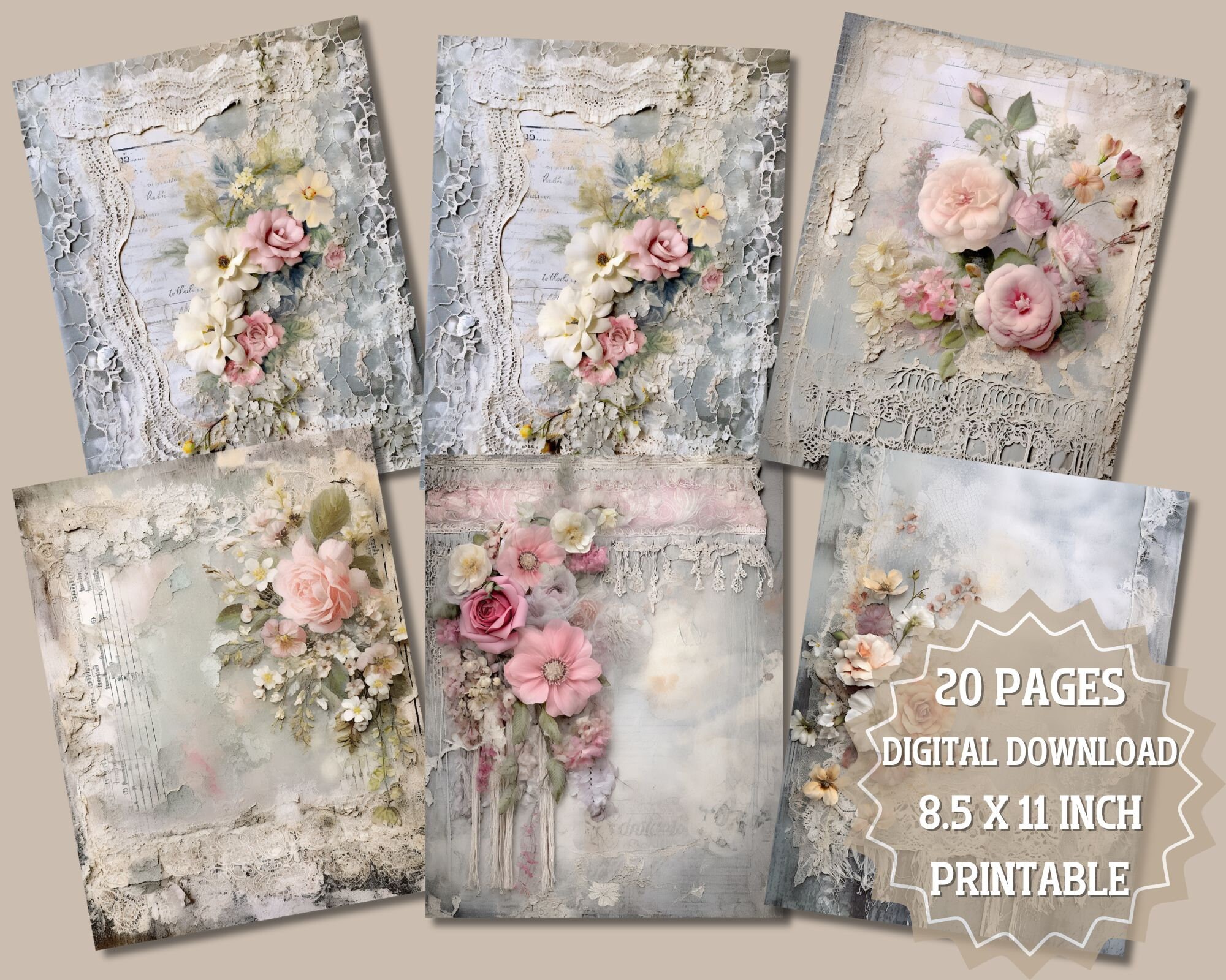 Vintage Lace and Shabby Chic Flowers Junk Journal Pages, Grey Floral ...