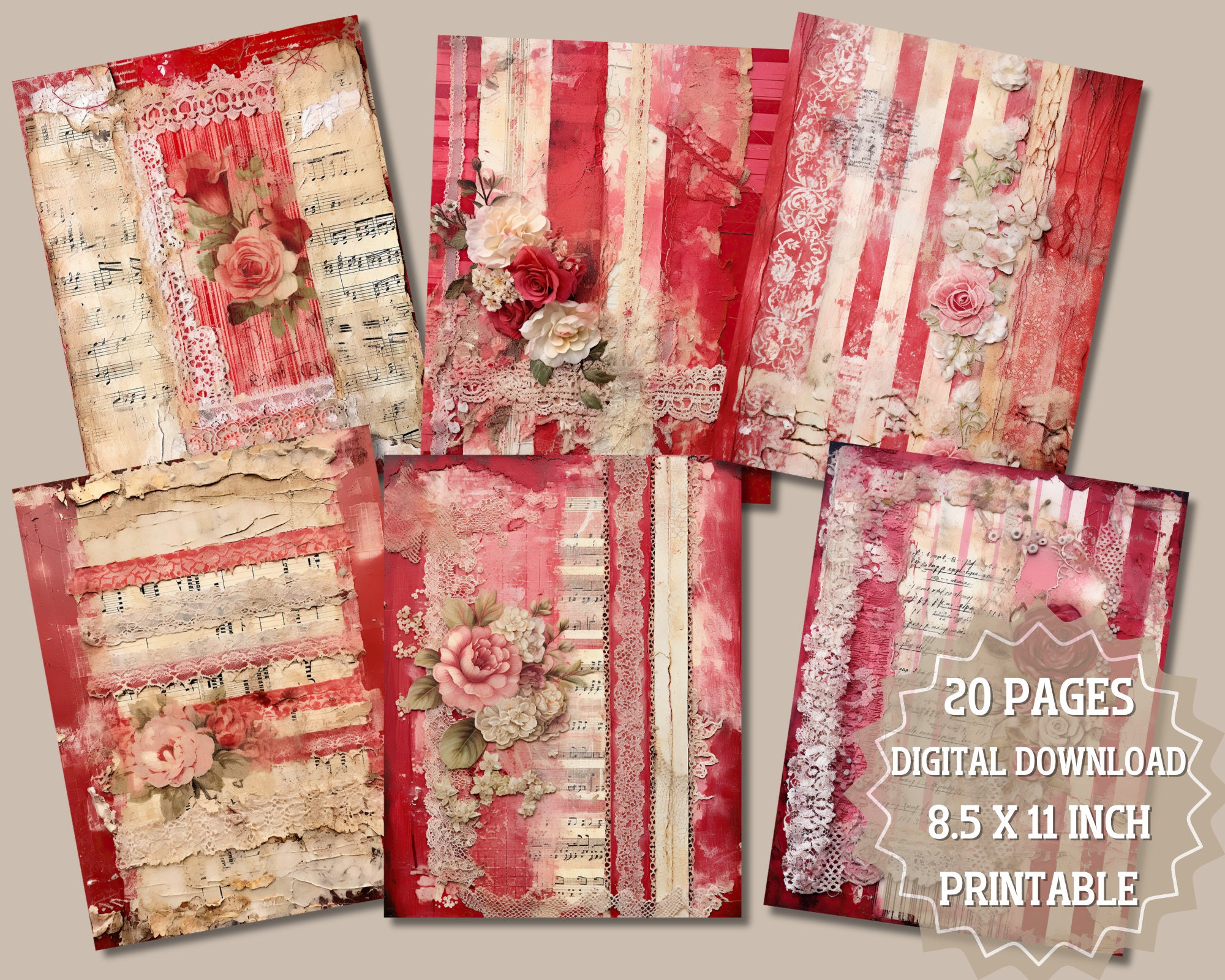Vintage Lace and Shabby Chic Flowers Junk Journal Pages, Red Floral ...