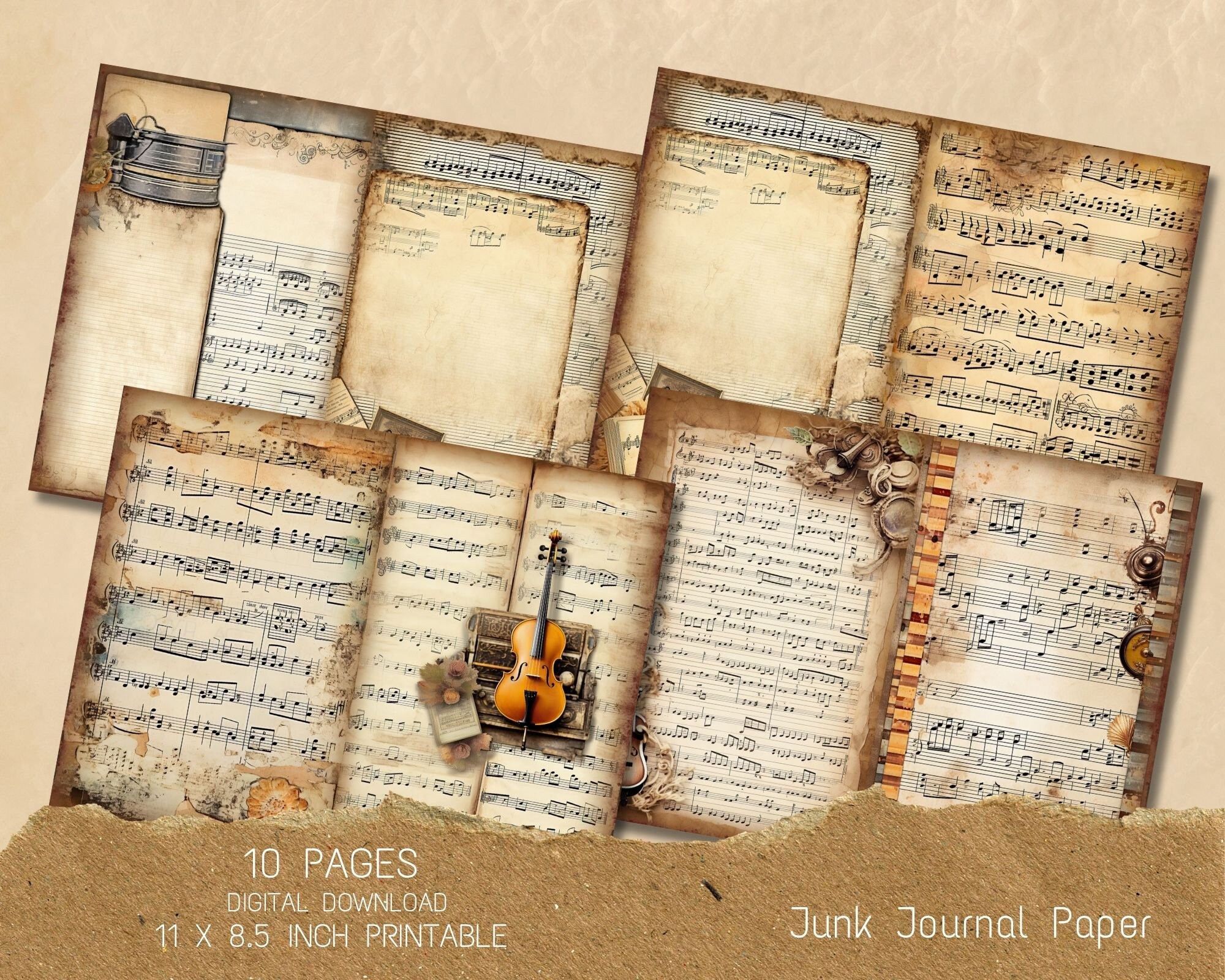 Vintage Music Junk Journal Pages, Digital Scrapbook Paper Kit, Musical ...