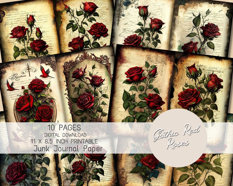 Gothic Red Roses Junk Journal Pages, Vintage Red Roses Junk Journal Kit ...