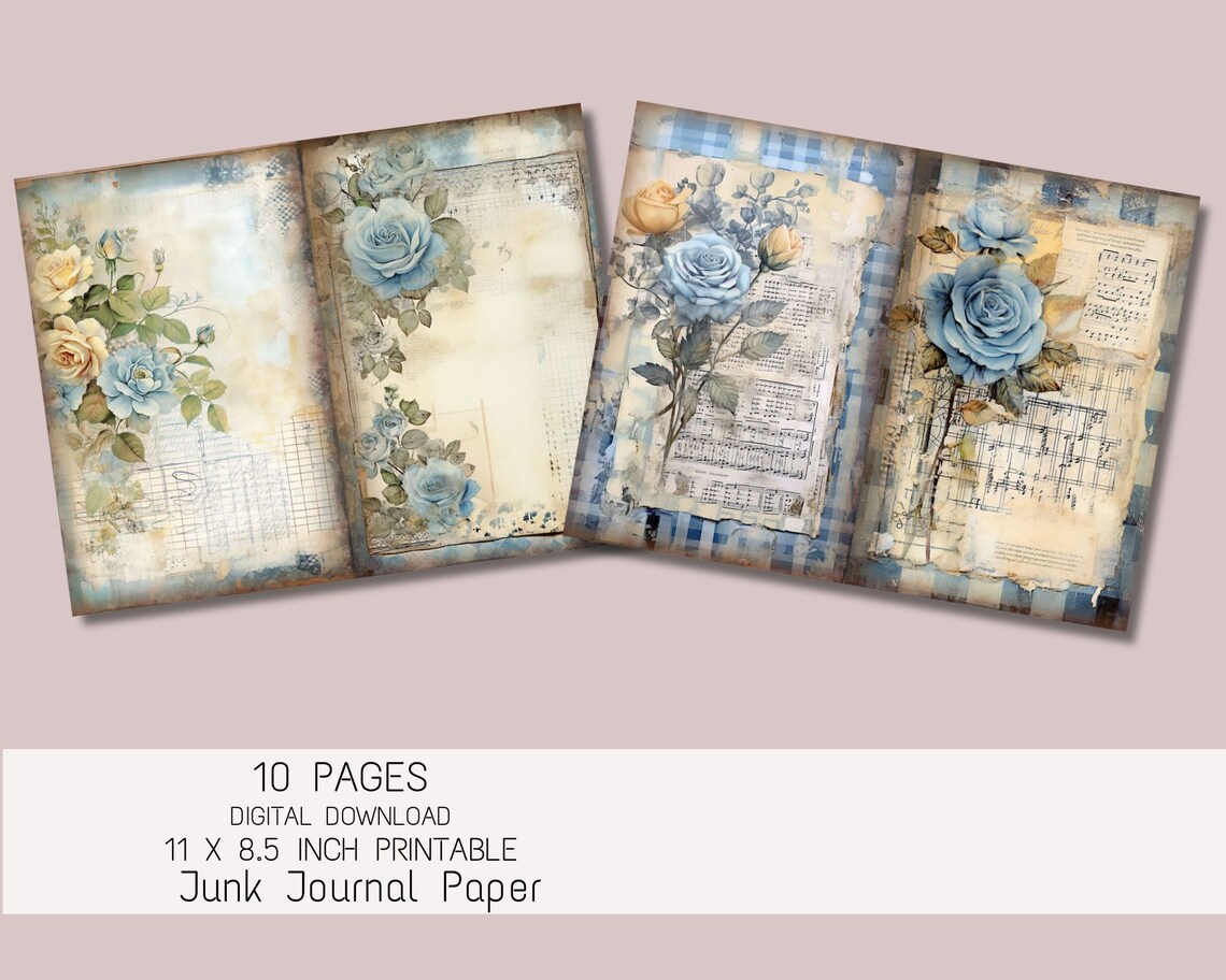 Blue Rose Junk Journal Pages,vintage Rose Digital Scrapbook Paper Kit ...