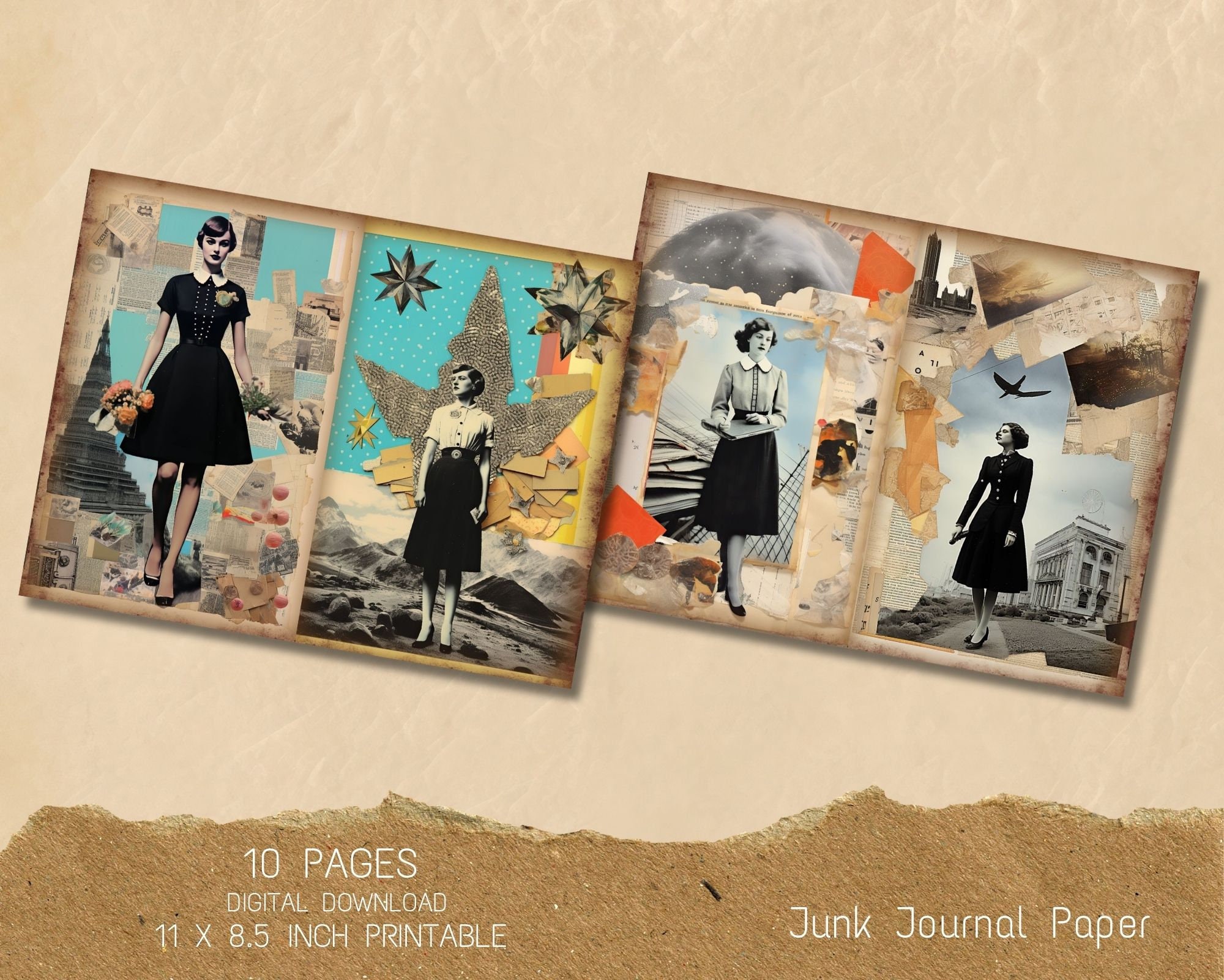 Collage Vintage Image Junk Journal Pages, Digital Scrapbook Paper Kit ...