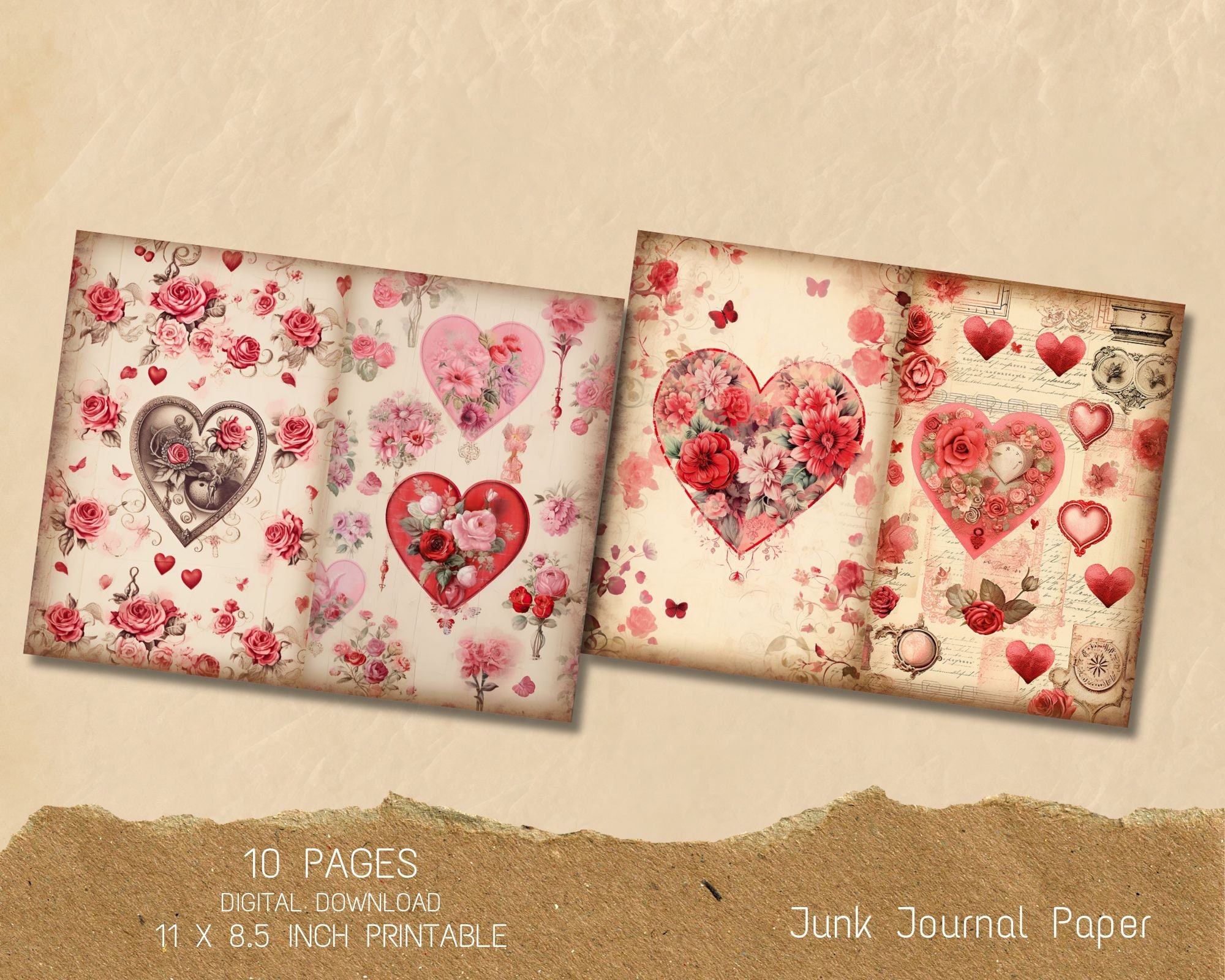 Floral Hearts Letter Junk Journal Kit Vintage Love Digital Paper for ...