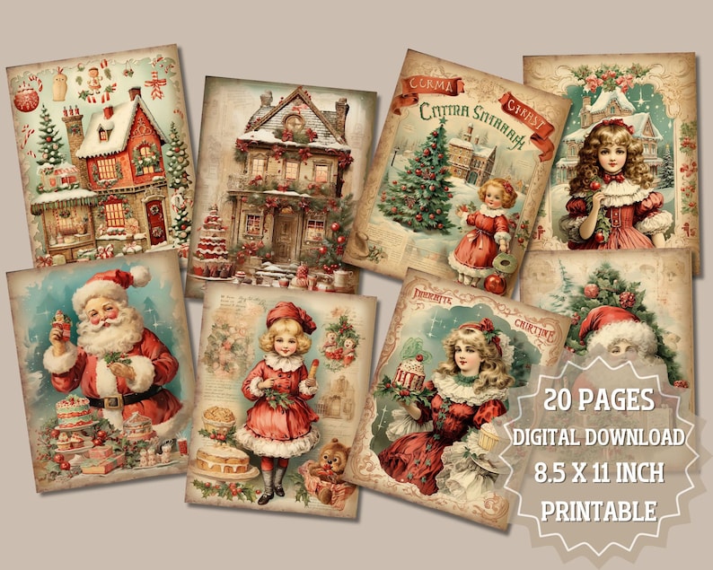 Vintage Christmas Junk Journal Pages, Vintage Christmas Scene Junk ...