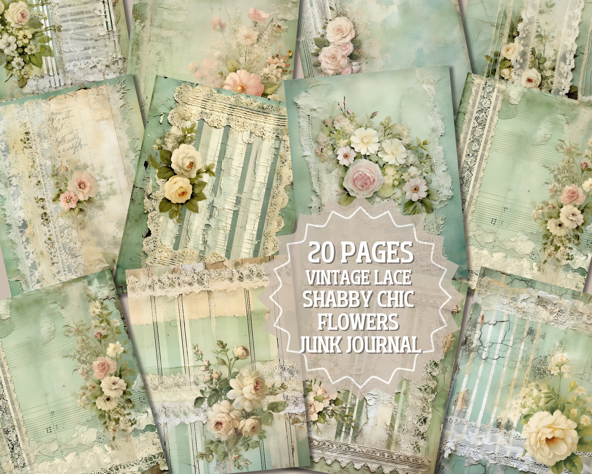 Vintage Lace and Shabby Chic Flowers Junk Journal Pages, Green Floral ...