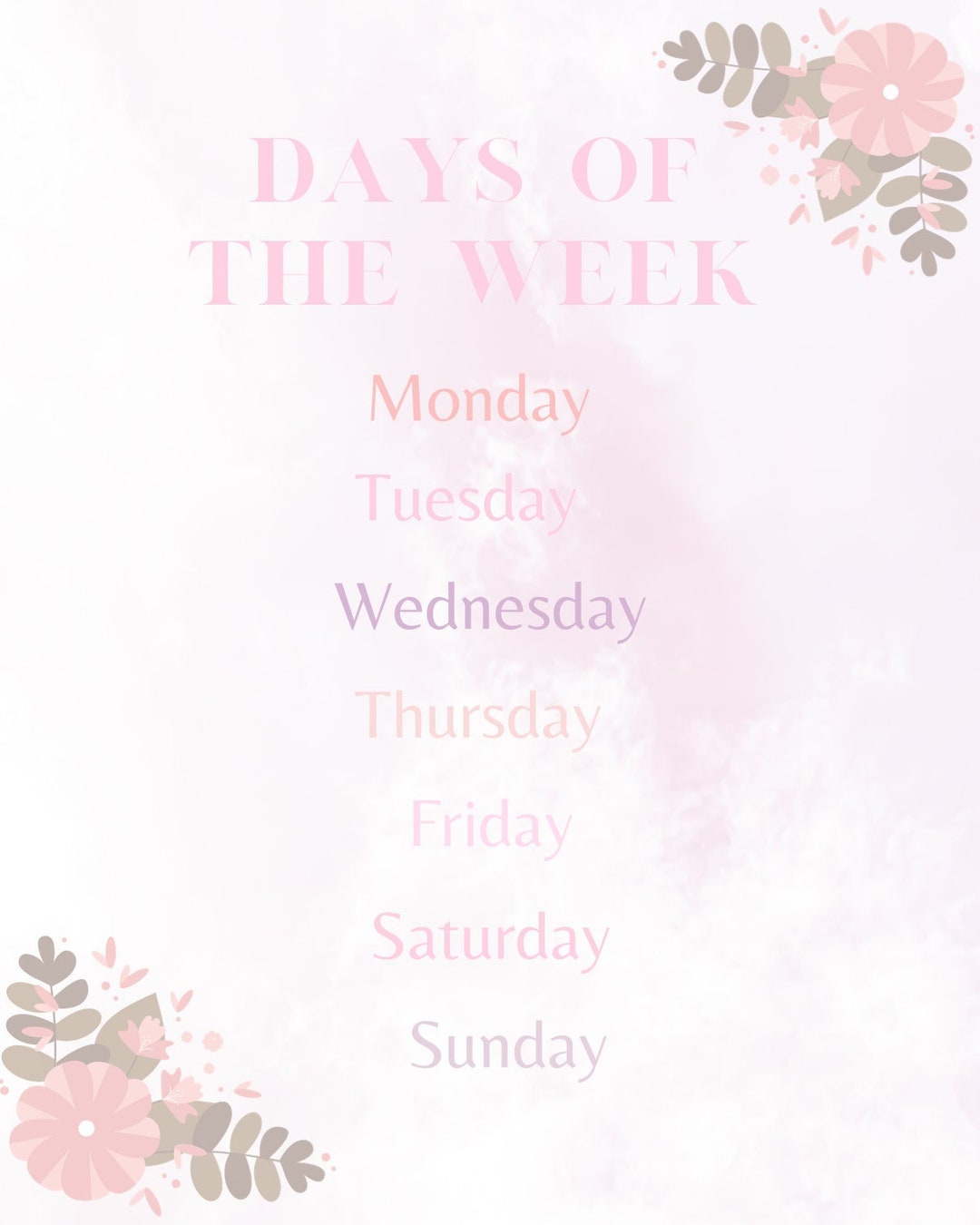 Girl Days of the Week and Numbers, Printable Digital Download, Pretty ...