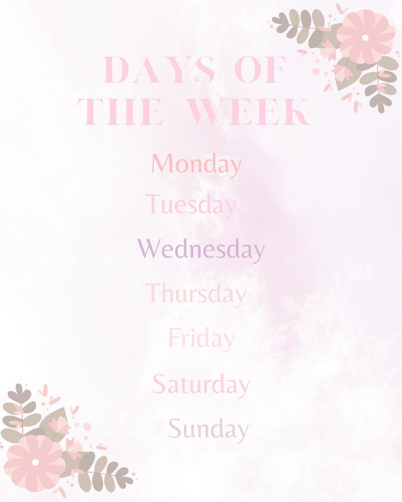 Girl Days of the Week and Numbers, Printable Digital Download, Pretty ...
