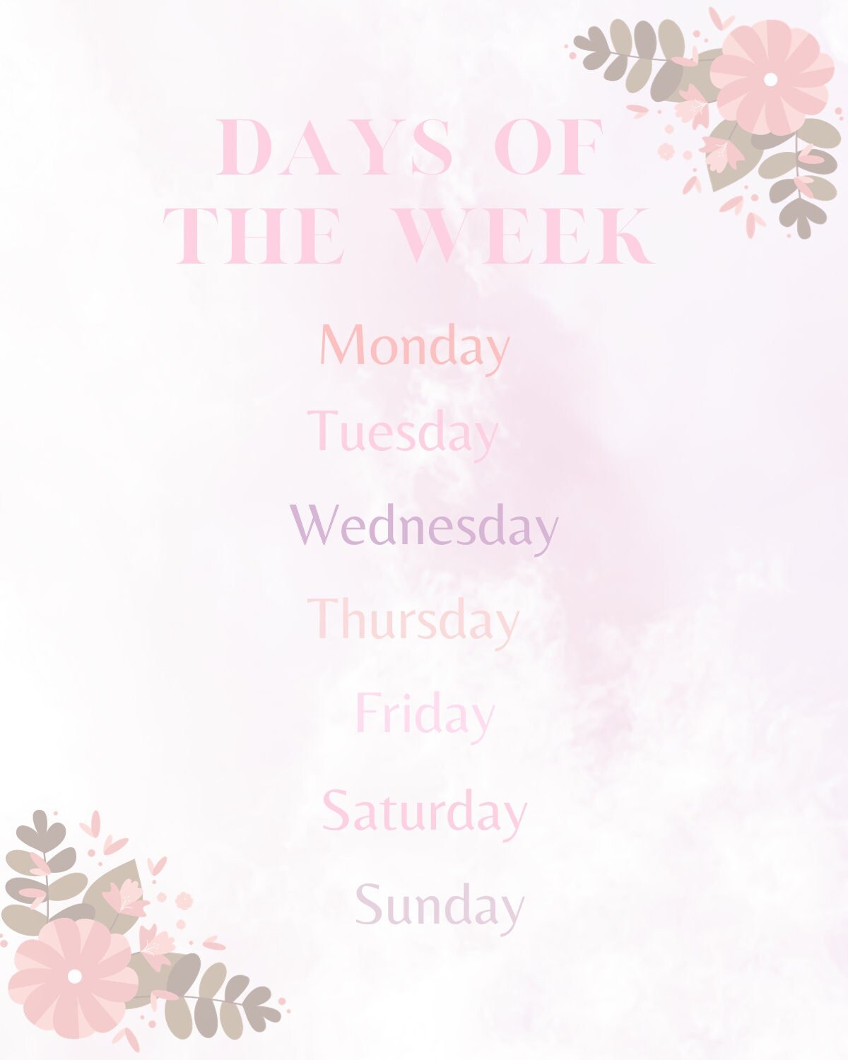 Girl Days of the Week and Numbers, Printable Digital Download, Pretty ...