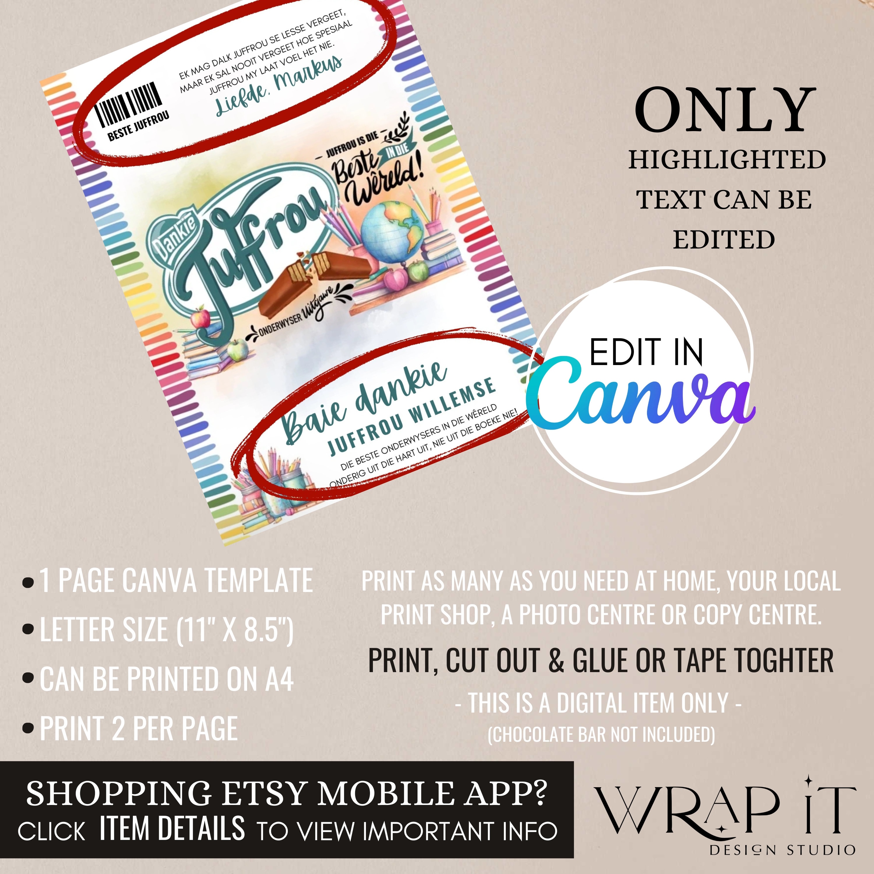 EDITABLE Teacher Appreciation Gift Chocolate Wrapper | Dankie Juffrou ...