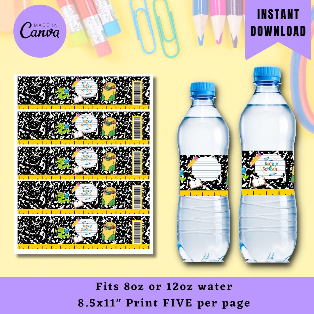 Back to School Water Bottle Label Template: DIY Design (digital ...