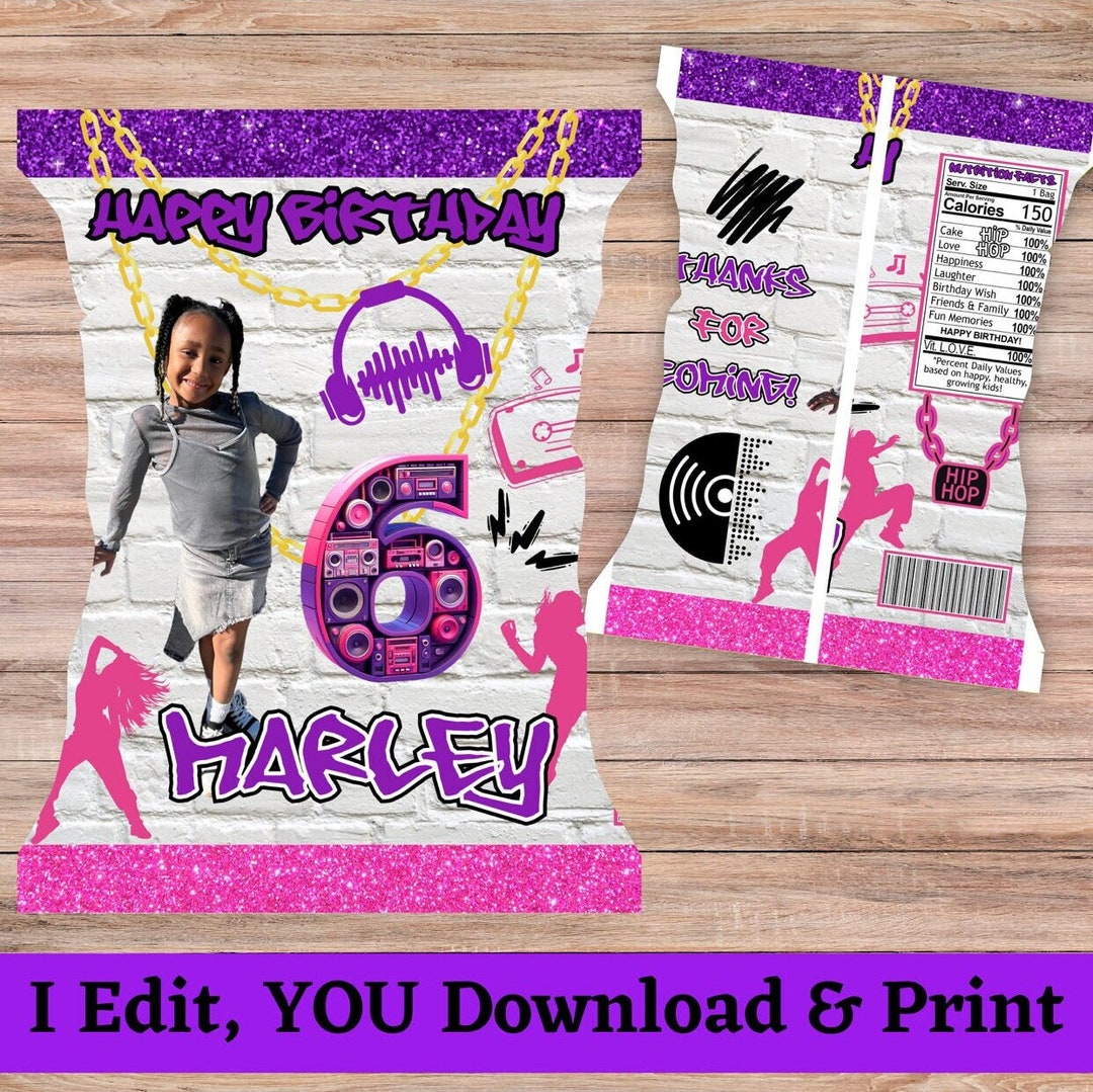 Hip Hop Birthday Chip Bag, Birthday Chip Bag, Music Editable Chip Bag ...