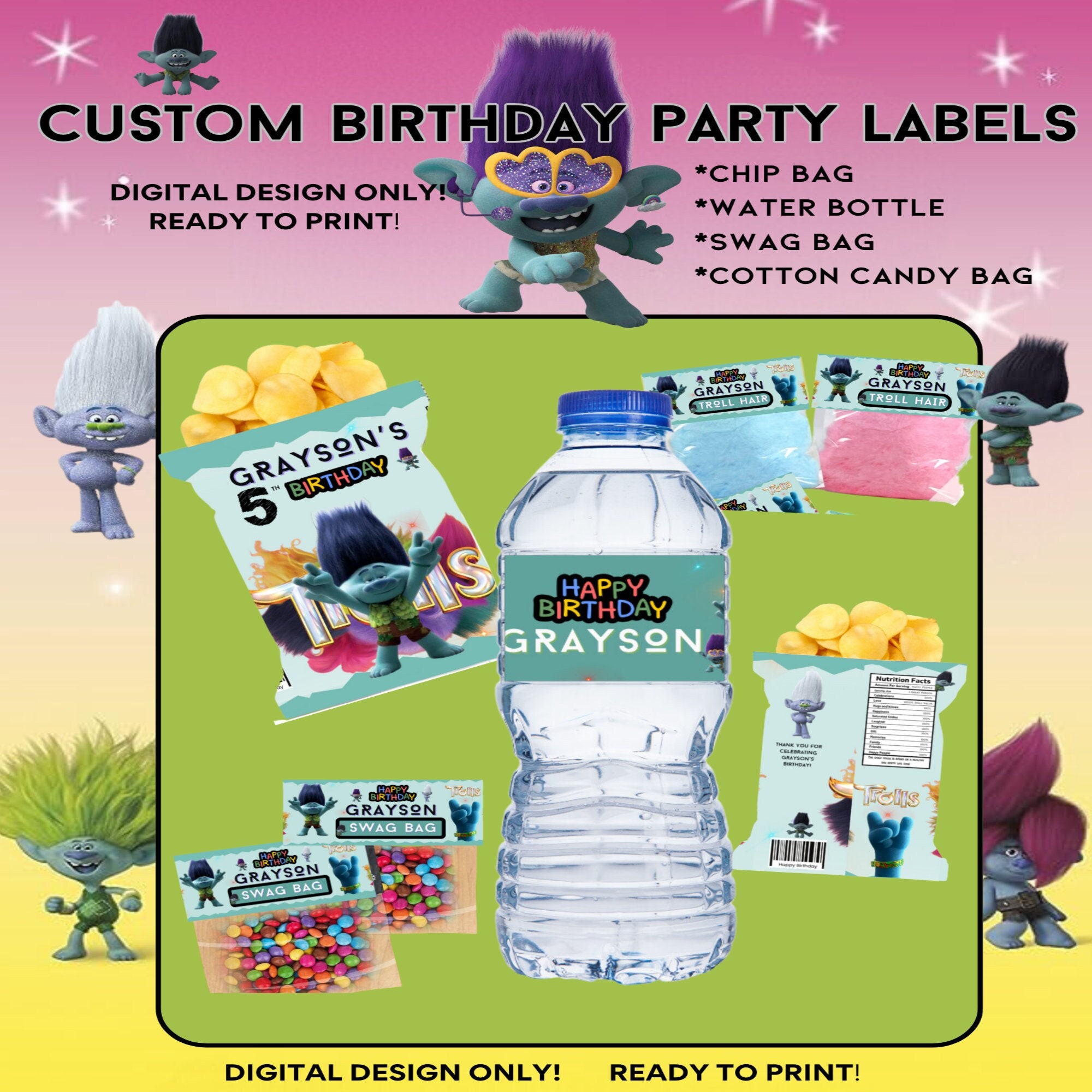Trolls Boys Party Favor Template Bundle Download Printable - Etsy