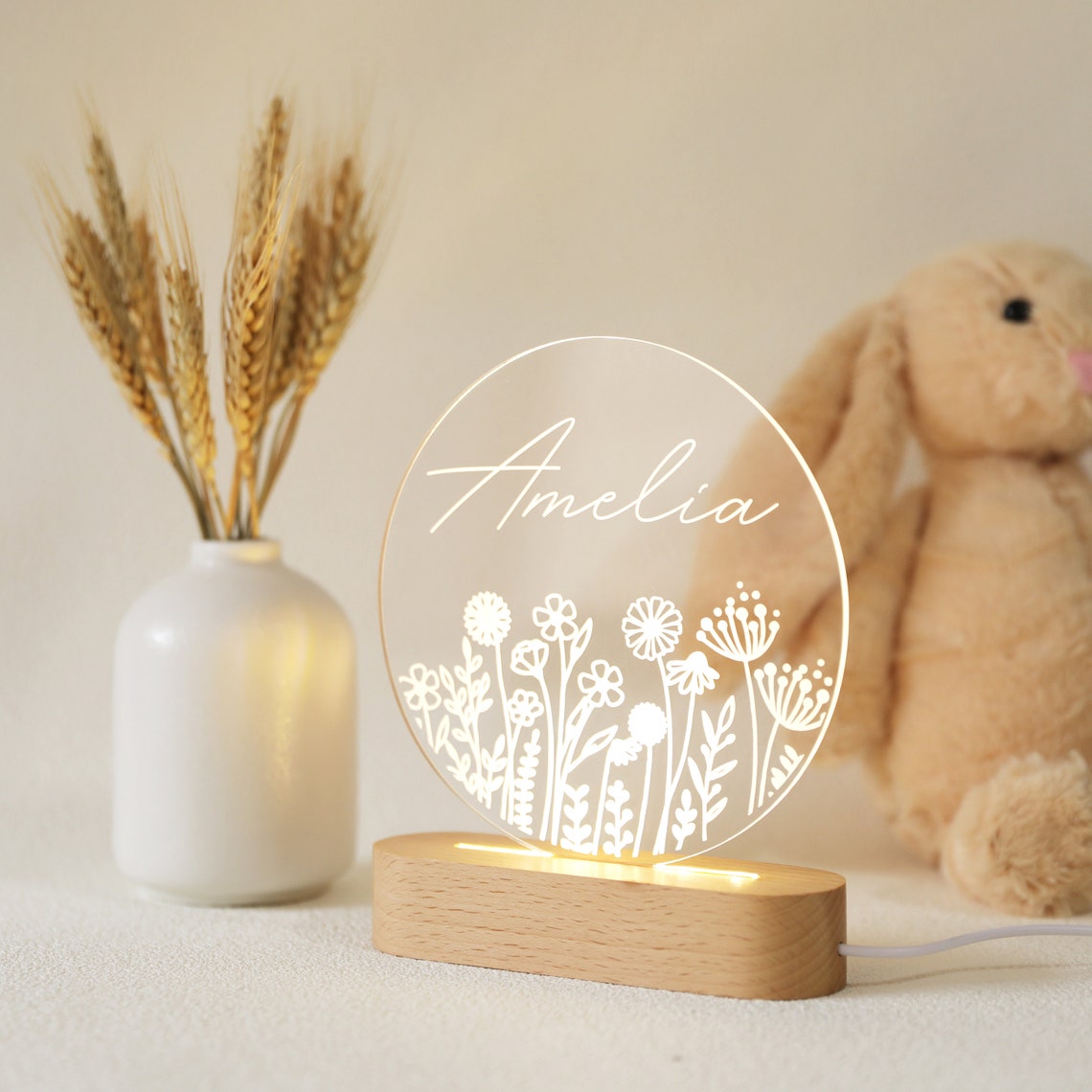 Personalized Acrylic Night Light, Boho Night Botanic LED Light, Kids ...