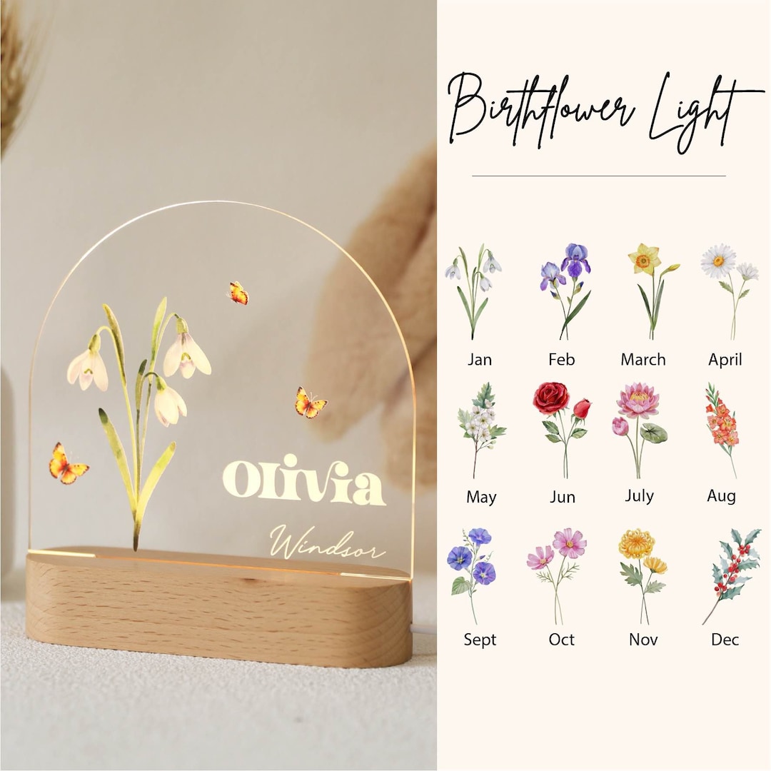 Personalized Birth Month Flower Acrylic Night Light, Boho LED Light ...