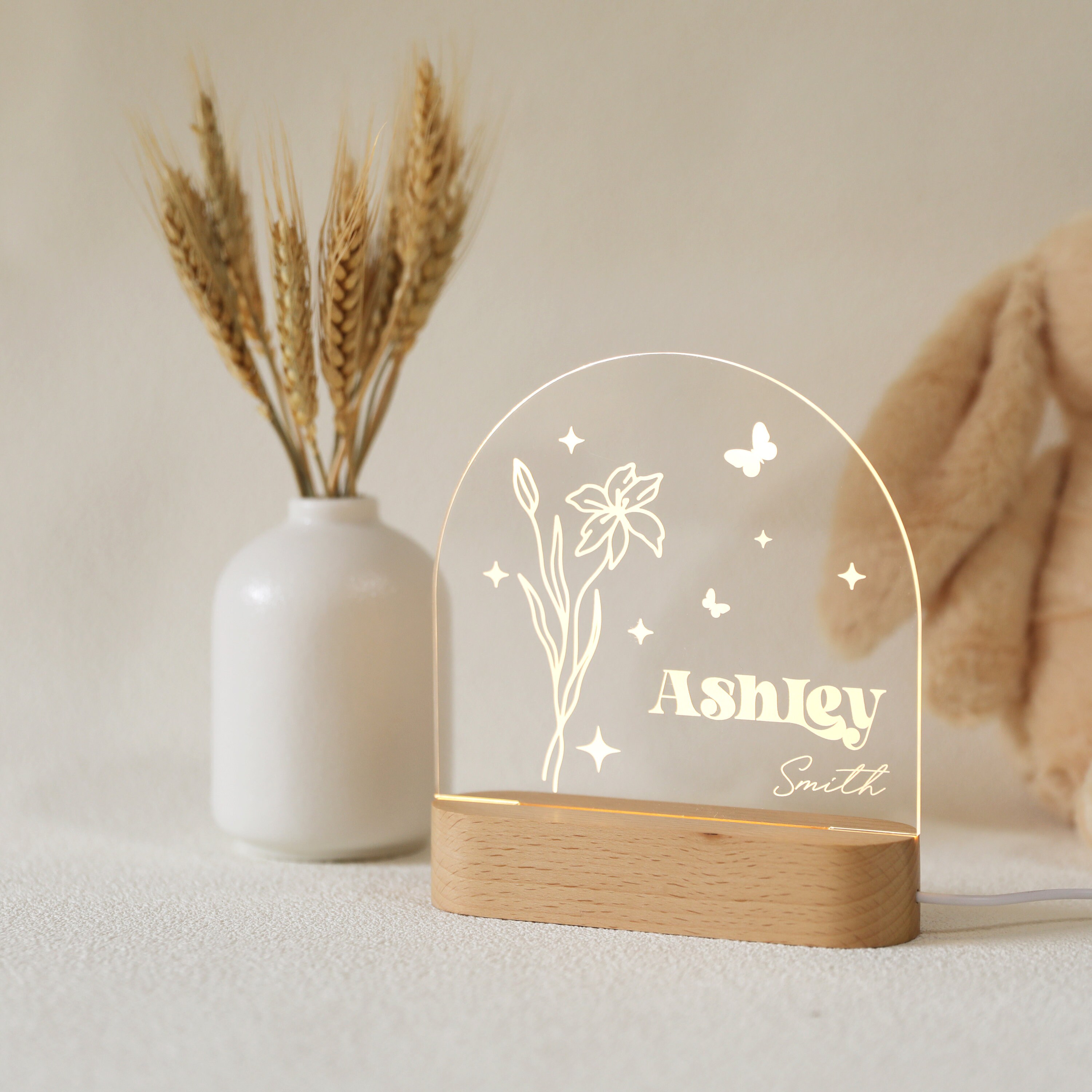 Personalized Birth Month Flower Acrylic Night Light, Boho LED Light ...