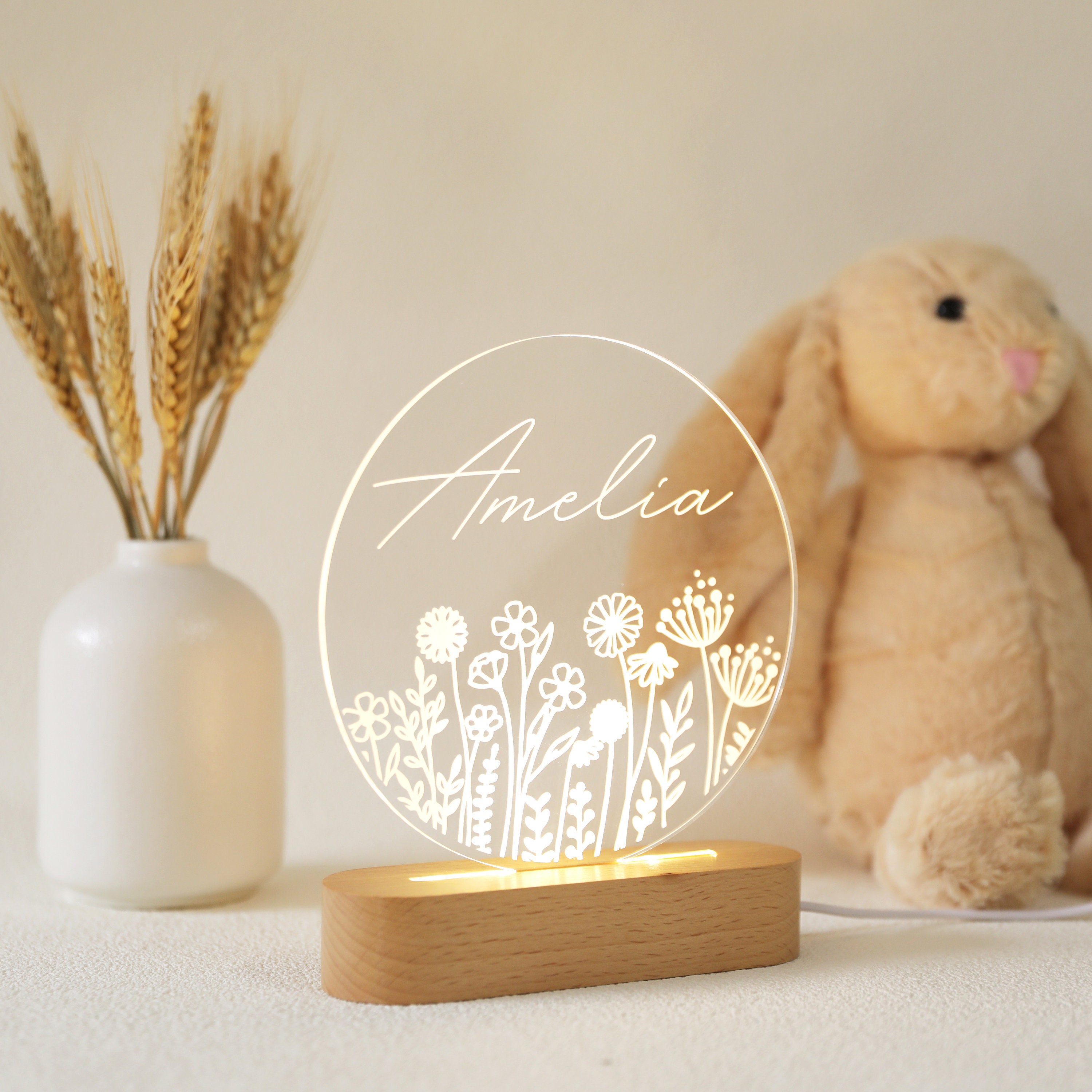 Personalized Acrylic Night Light, Boho Night Botanic LED Light, Kids ...