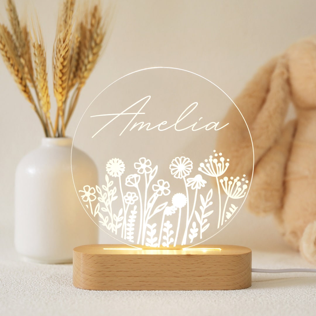 Personalized Acrylic Night Light, Boho Night Botanic LED Light, Kids ...