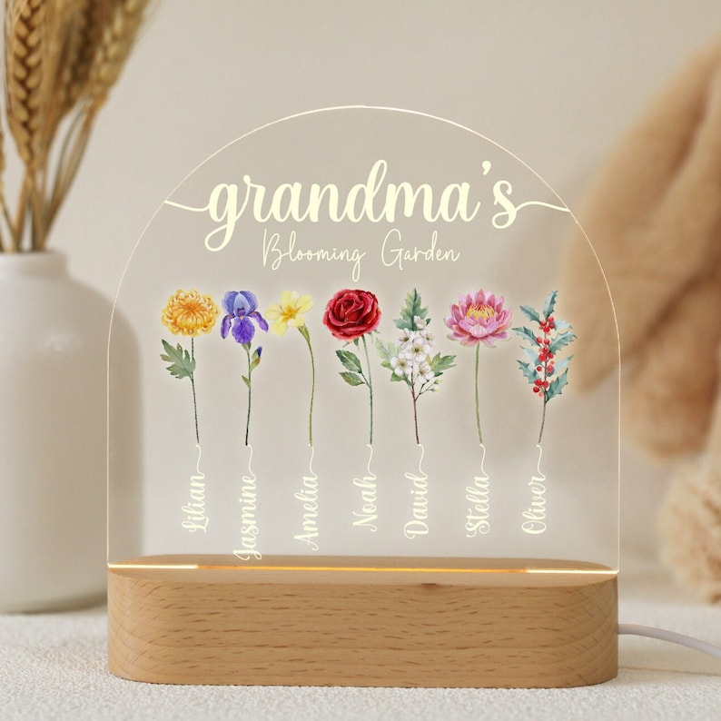 Personalized Birth Month Flower Acrylic Night Light, Boho LED Light ...