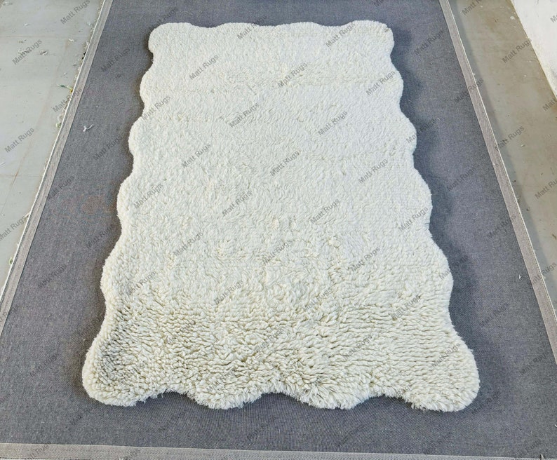 Irregular SHAGGY WOOL Bone White Rug Kidney Shape Rug Area Modern Rug ...