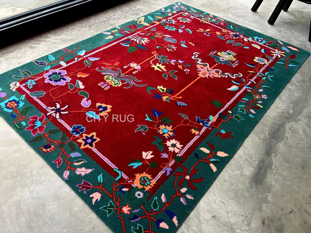 Persian Hand Tufted Red Green Floral Wool Area Rugs for Bedroom, Modern ...
