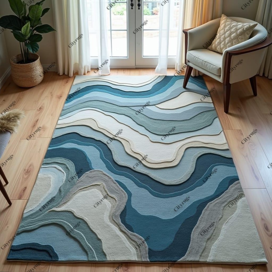 Ocean Blue Wavy Hand Tufted Rug, Wavy Rug, Rugs for Home. Modern ...