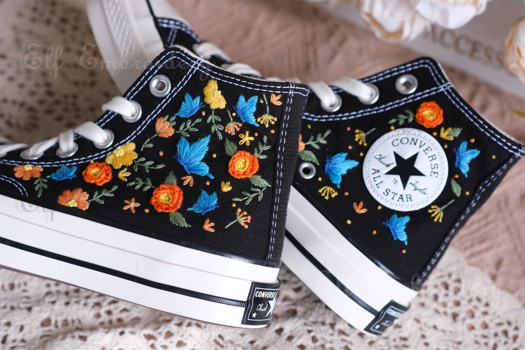 Converse Butterfly Marigold Flower Embroidered Shoes,1970s Converse ...