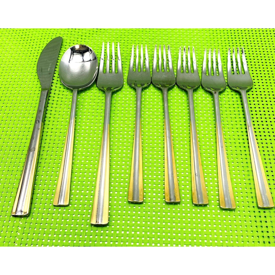 8 Piece Mixed Abert Inox Italy Stainless and Gold Flatware Forks, Knife ...