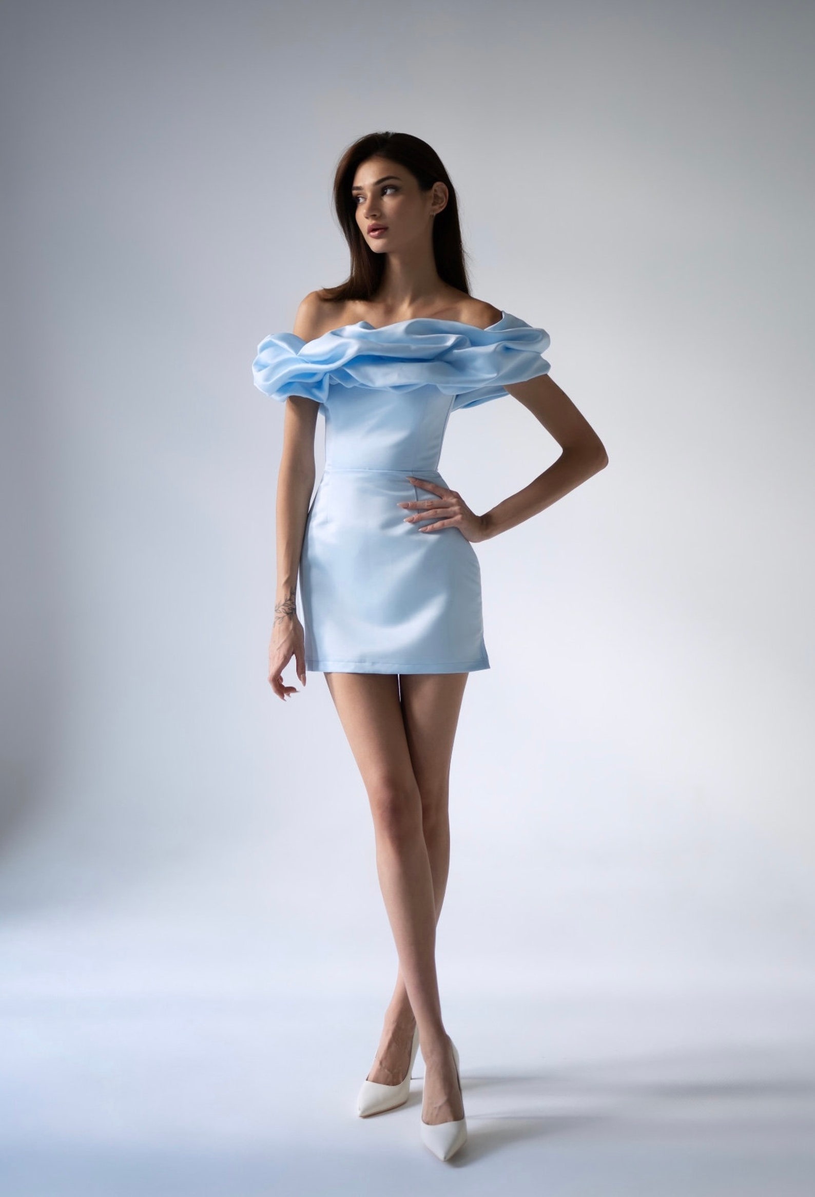 Light Blue Summer Bridal Mini Dress Short Wedding Dress off Shoulder ...