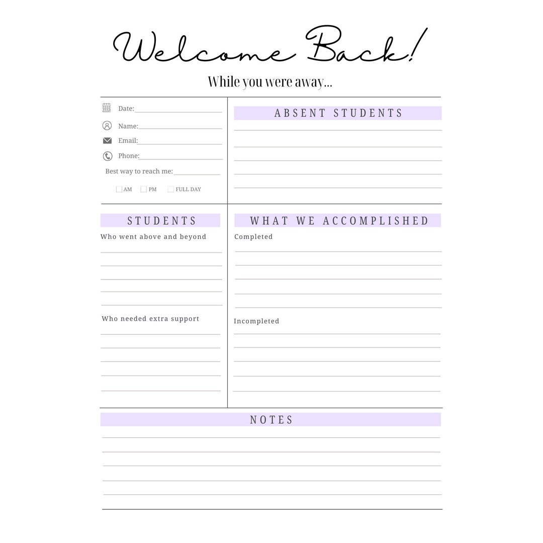 While You Were Out. Substitute Teaching Note. Dear Teacher. - Etsy