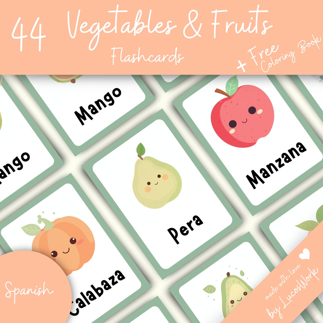 44 Spanish Vegetables & Fruits Flashcards FREE Coloring Book - Etsy