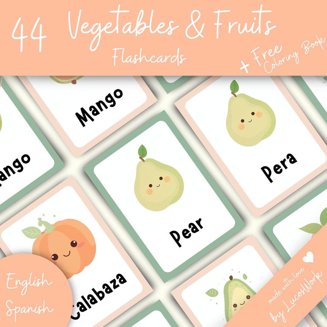 44 English to Spanish Fruits & Vegetables Flashcards FREE Coloring Book ...