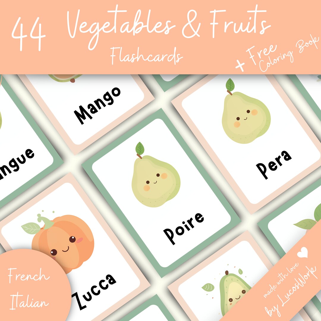 44 French to Italian Fruits & Vegetables Flashcards FREE Coloring Book ...