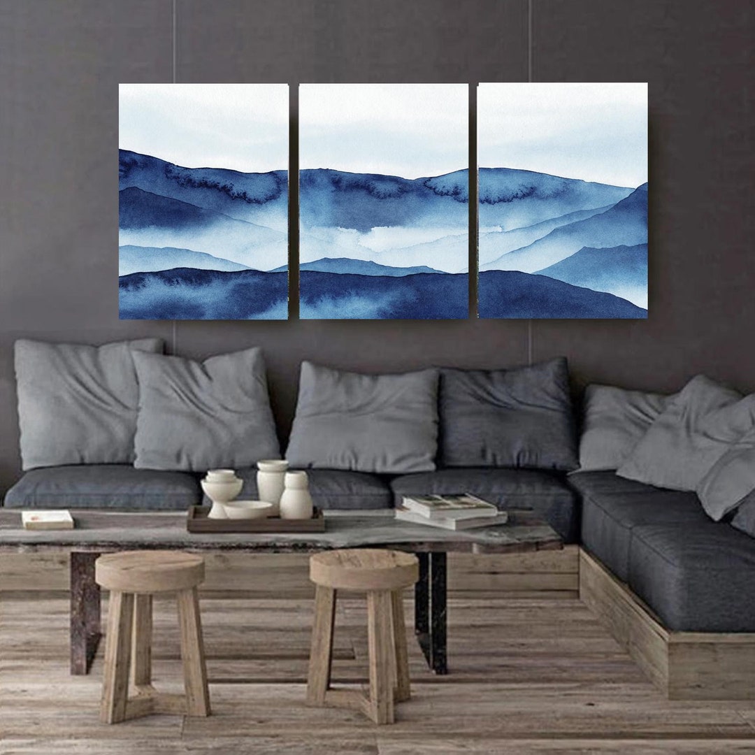 Navy Blue Art Set Watercolor 3 Piece Wall Art, Mountain Valley Print ...