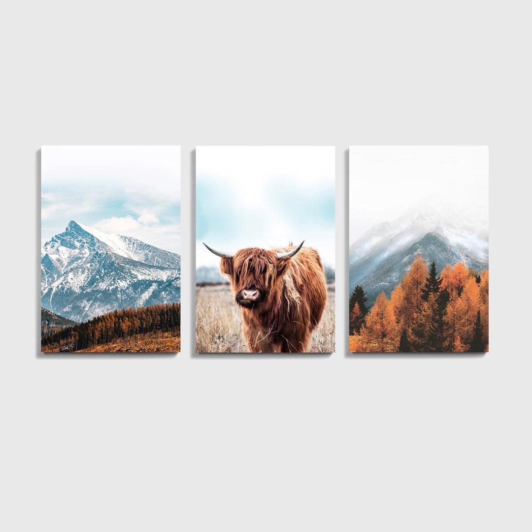 Cow Wall Art, Cow Autumn Landscape, 3 Piece Wall Art Highland Cow Print ...