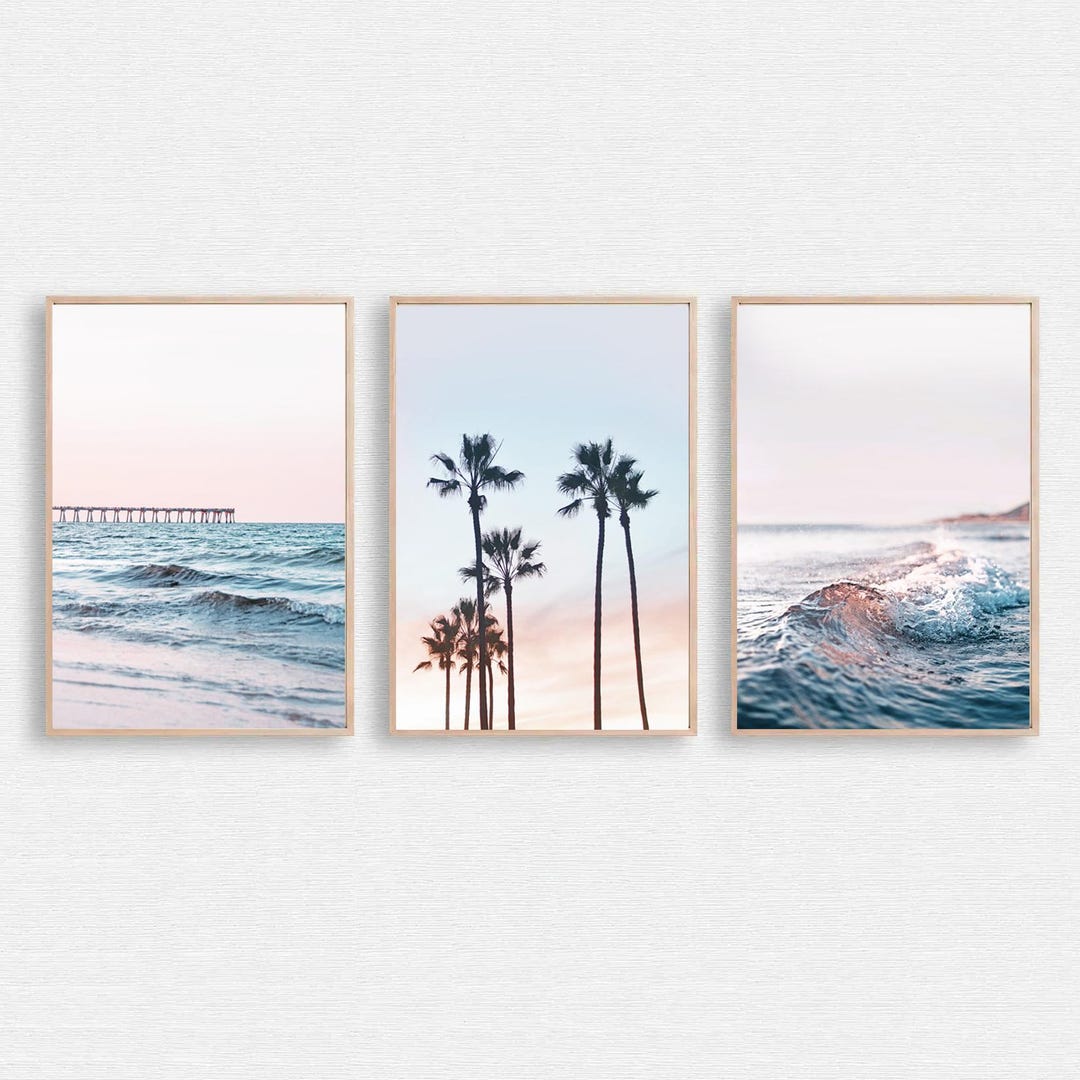 Beach Print Set, Coastal 3 Piece Wall Art, Sea Landscape Sunset Print ...