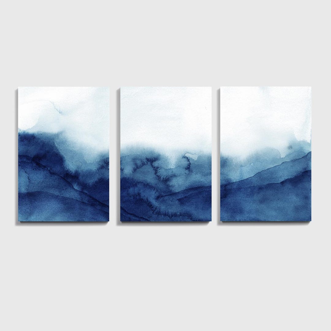 Blue Wave 3 Piece Wall Art, Abstract Watercolor Art, Sea Wave 3 Panel ...
