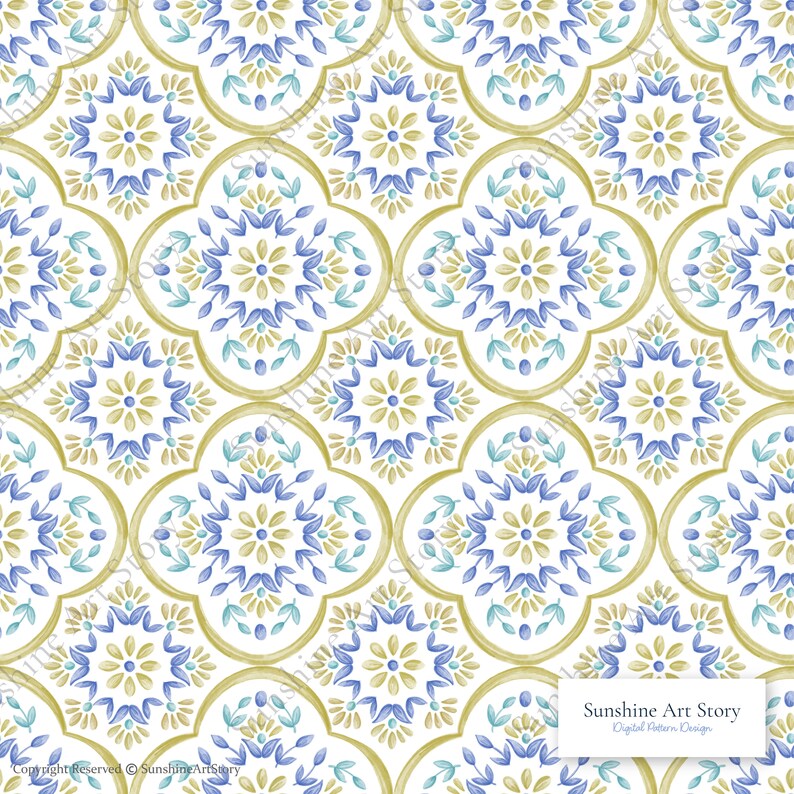 Watercolor Medallion Pattern Damask Design Floral Block Tile Design ...
