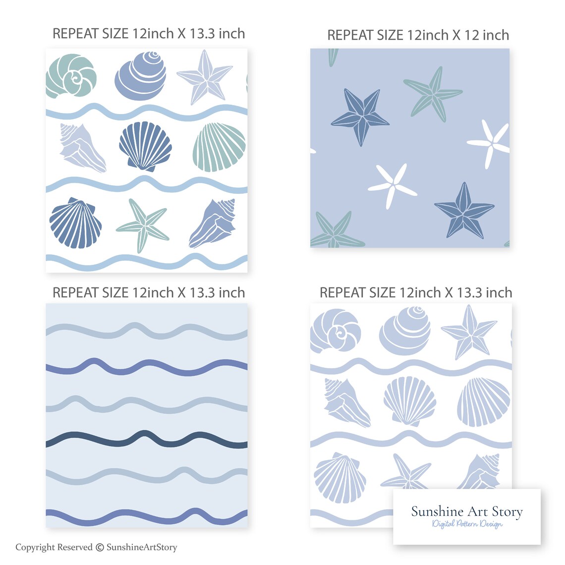 Simple Sea Shells Repeat Pattern Beach Coastal Pattern, Starfish, Wave ...