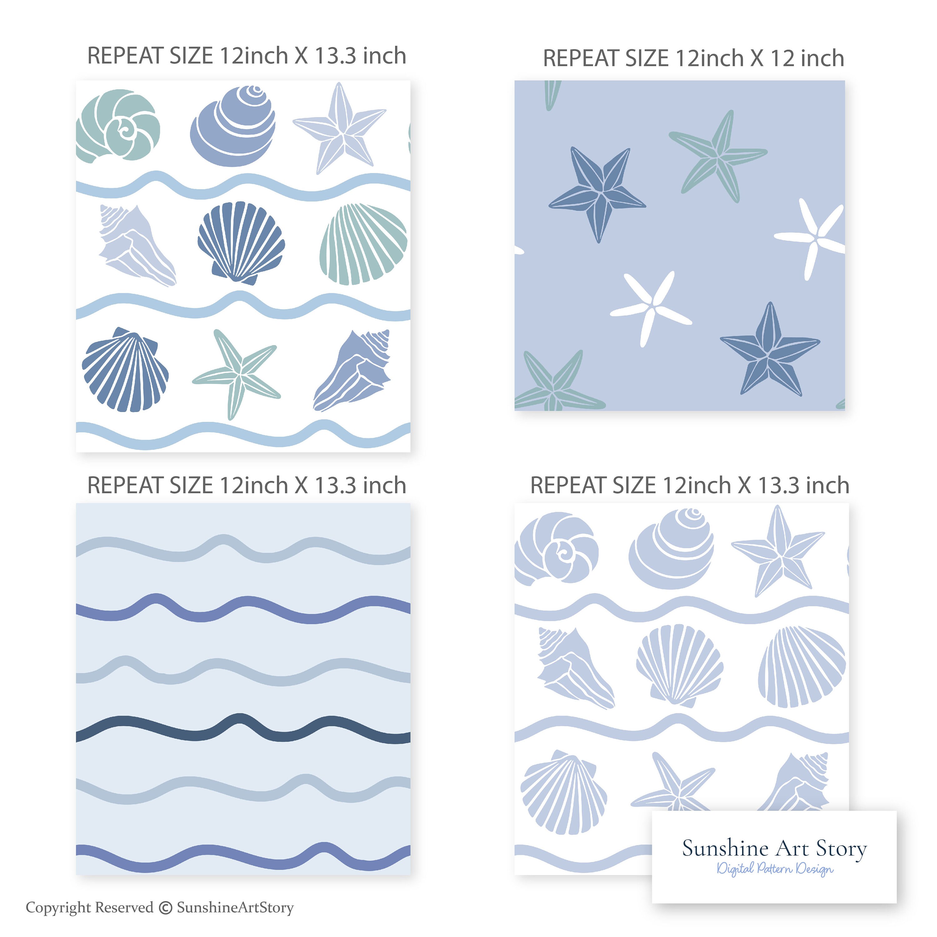 Simple Sea Shells Repeat Pattern Beach Coastal Pattern, Starfish, Wave ...