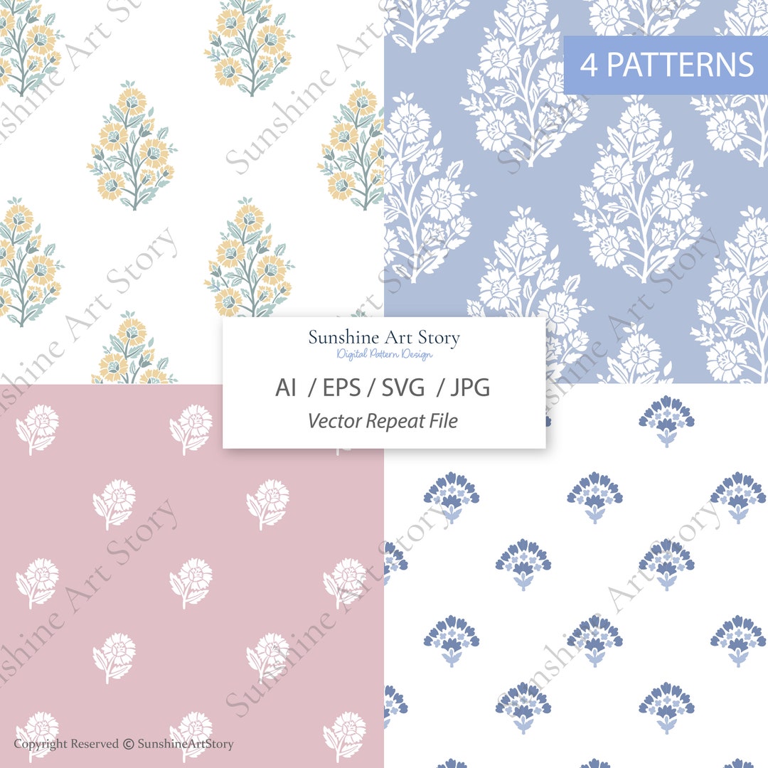 Seamless Floral Block Print and Damask Floral Repeat Pattern Set Vector ...
