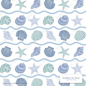 Simple Sea Shells Repeat Pattern Beach Coastal Pattern, Starfish, Wave ...