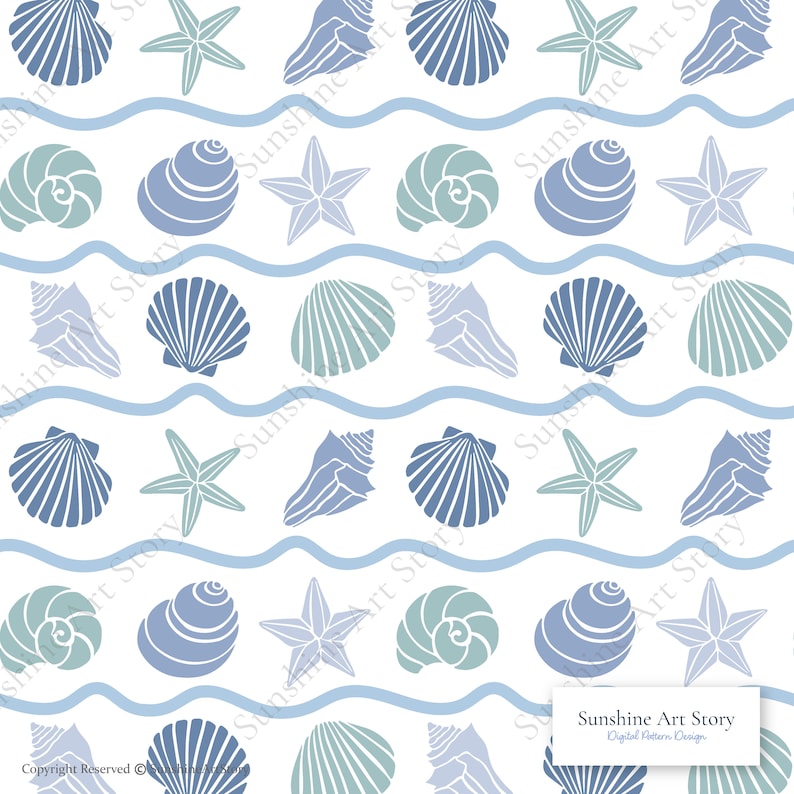 Simple Sea Shells Repeat Pattern Beach Coastal Pattern, Starfish, Wave ...
