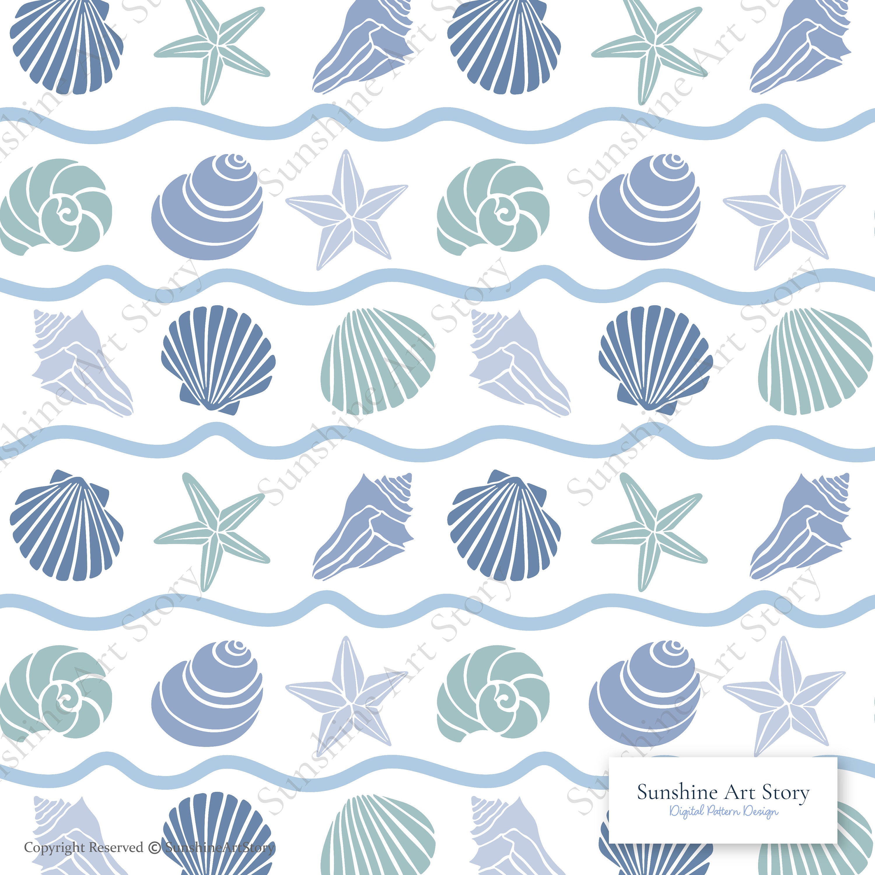 Simple Sea Shells Repeat Pattern Beach Coastal Pattern, Starfish, Wave ...